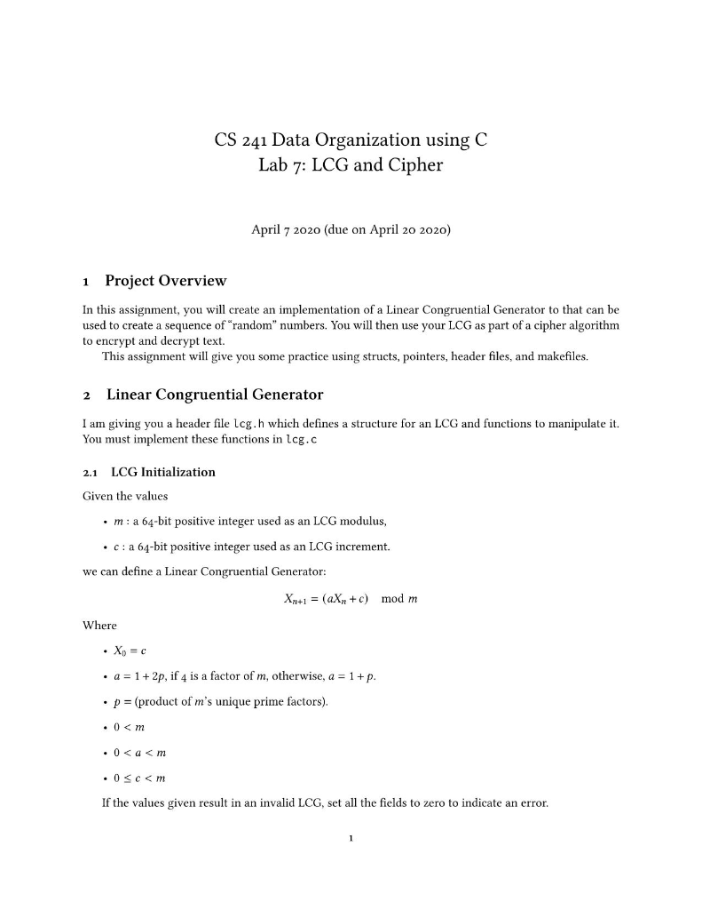 CS 241 Data Organization using C Lab 7: LCG and | Chegg.com