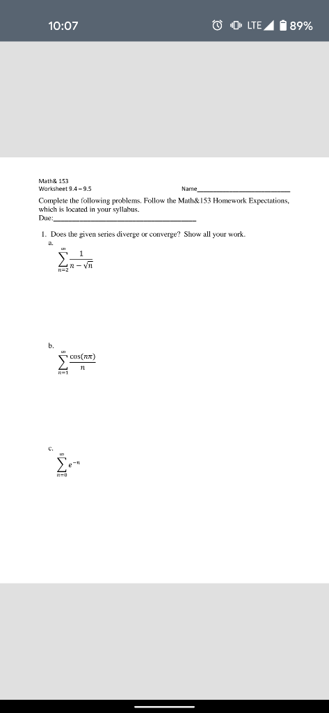 Solved 10:07 OLTE 89% Math & 153 Worksheet 9.4-9.5 Name | Chegg.com
