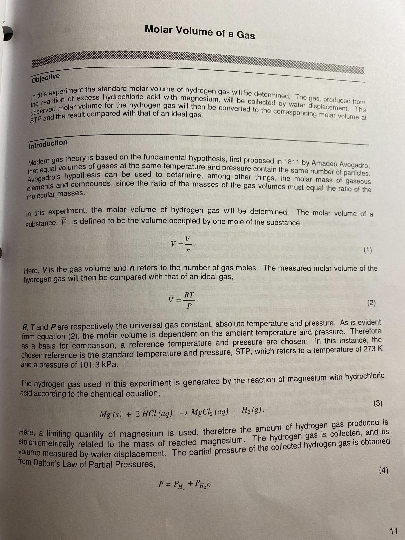 Solved Molar Volume of a Gas Objective In this experiment | Chegg.com