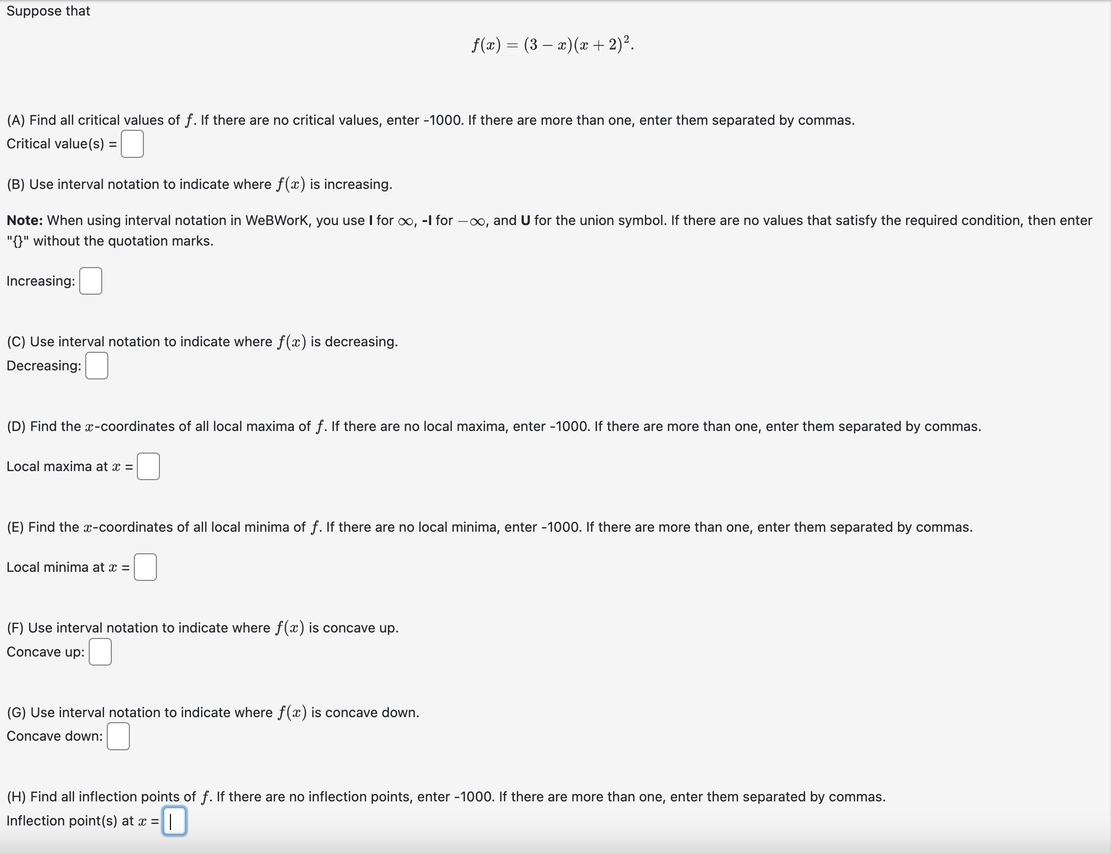 Solved Suppose that f(x)=(3−x)(x+2)2 (A) Find all critical | Chegg.com