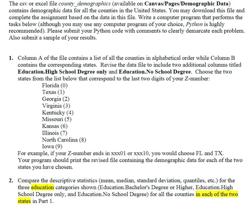 Solved The csv or excel file county_demographics (available | Chegg.com