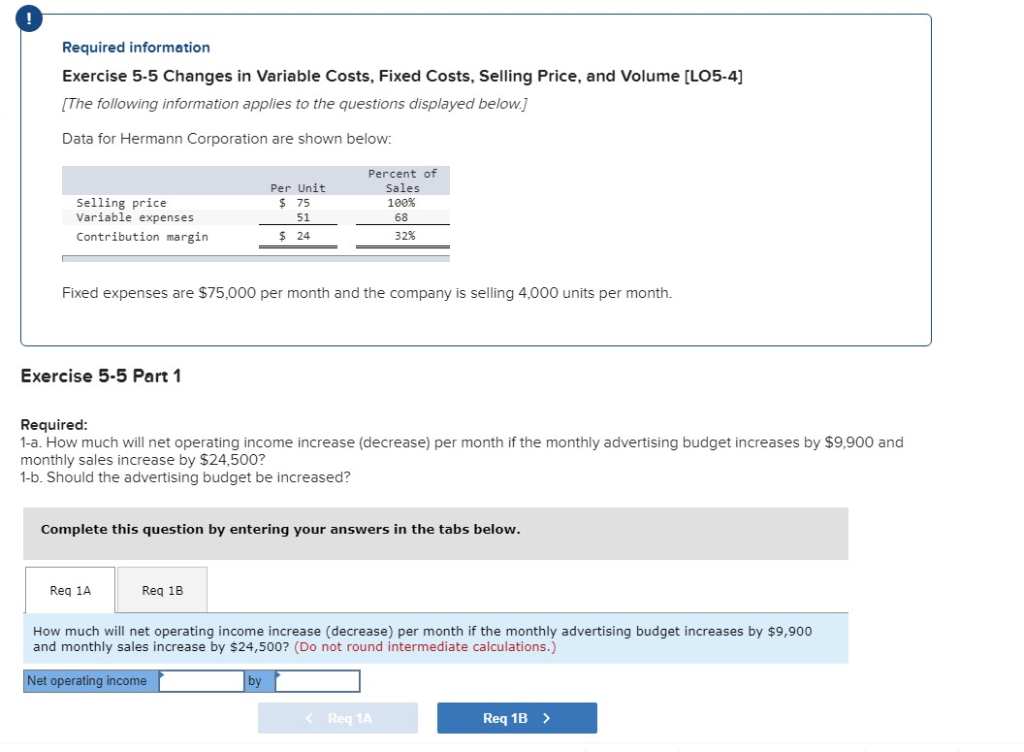 Solved Required information Exercise 5-5 Changes in Variable | Chegg.com