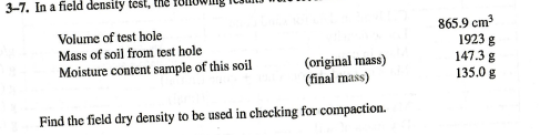 Solved Find the field dry density to be used in checking for | Chegg.com