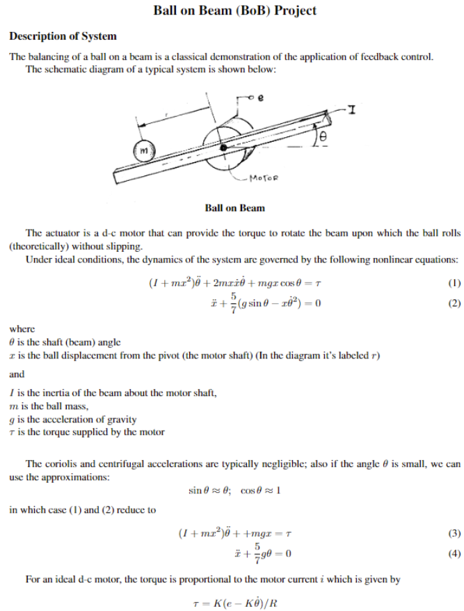 Solved Ball on Beam (BoB) Project Description of System The | Chegg.com
