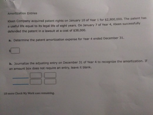 Solved Amortization Entries Kleen Company acquired patent | Chegg.com