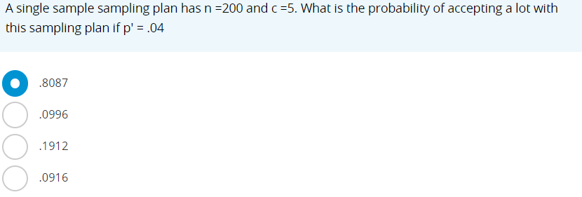 Solved A single sample sampling plan has n=200 ﻿and c=5. | Chegg.com