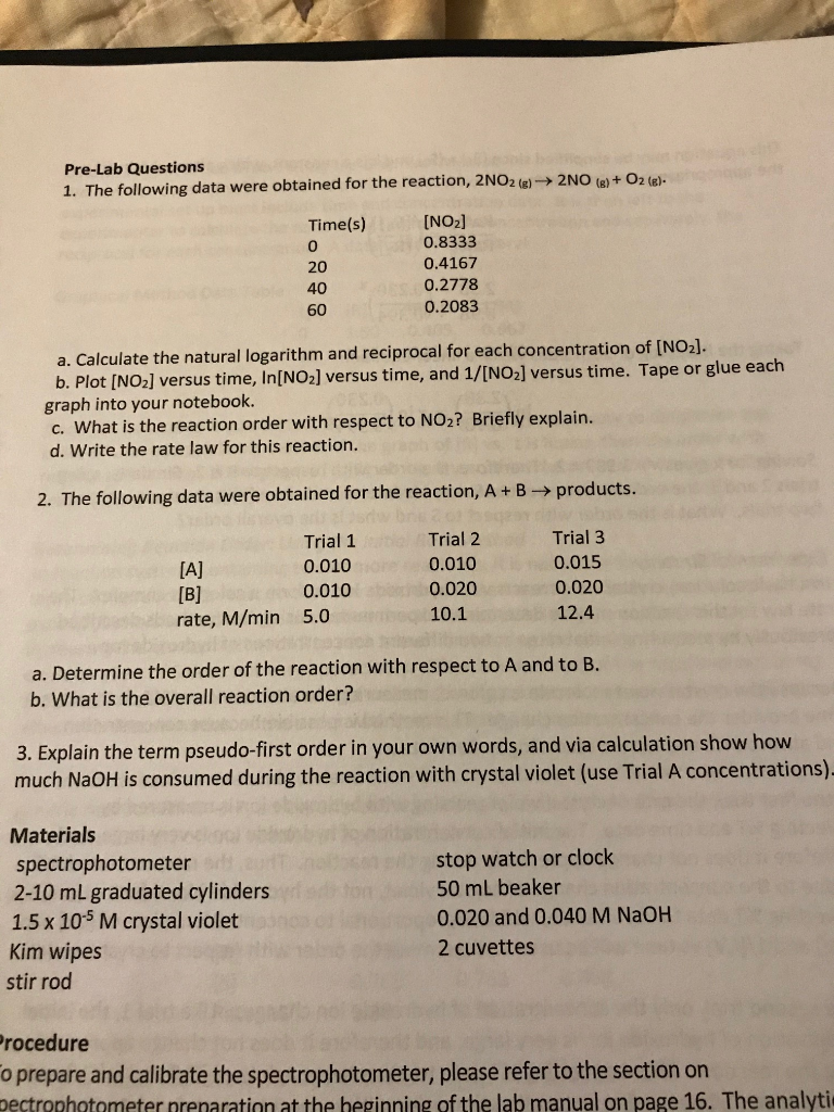 Solved Pre-Lab Questions 1. The following data were obtained | Chegg.com