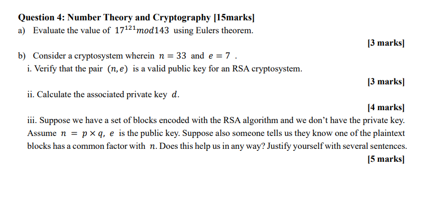 Solved Question 4: Number Theory and Cryptography [15marks] | Chegg.com