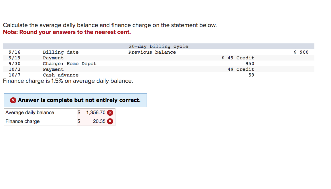Solved Calculate the average daily balance and finance | Chegg.com