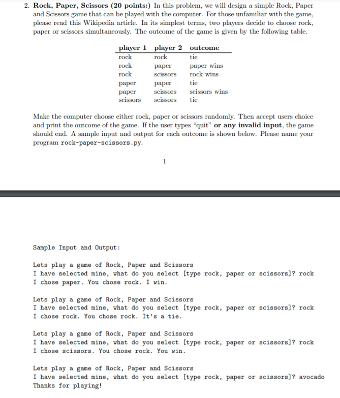 Solved 2. Rock, Paper, Scissors (20 points:) In this | Chegg.com