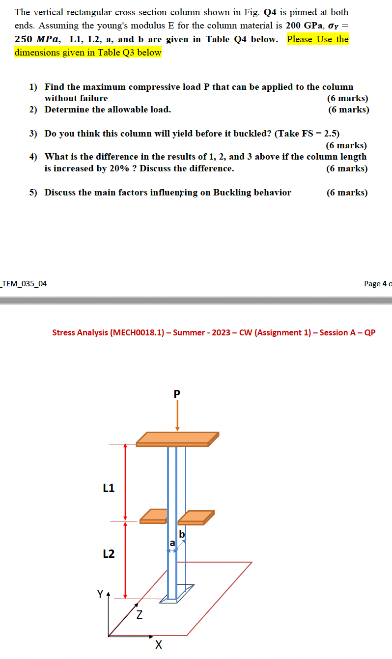 Solved The vertical rectangular cross section column shown | Chegg.com
