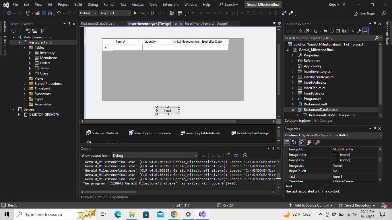 Visual Studio Help: I'm supposed to make an insert | Chegg.com
