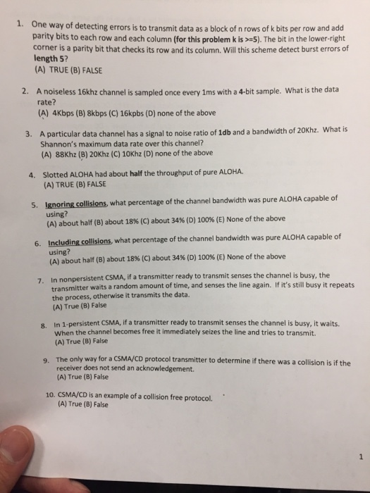 Solved 1. One way of detecting errors is to transmit data as | Chegg.com