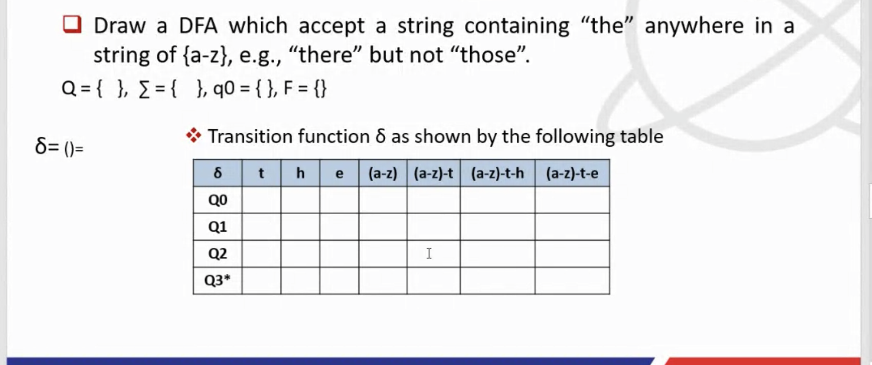 Solved Draw a DFA which accept a string containing “the” | Chegg.com