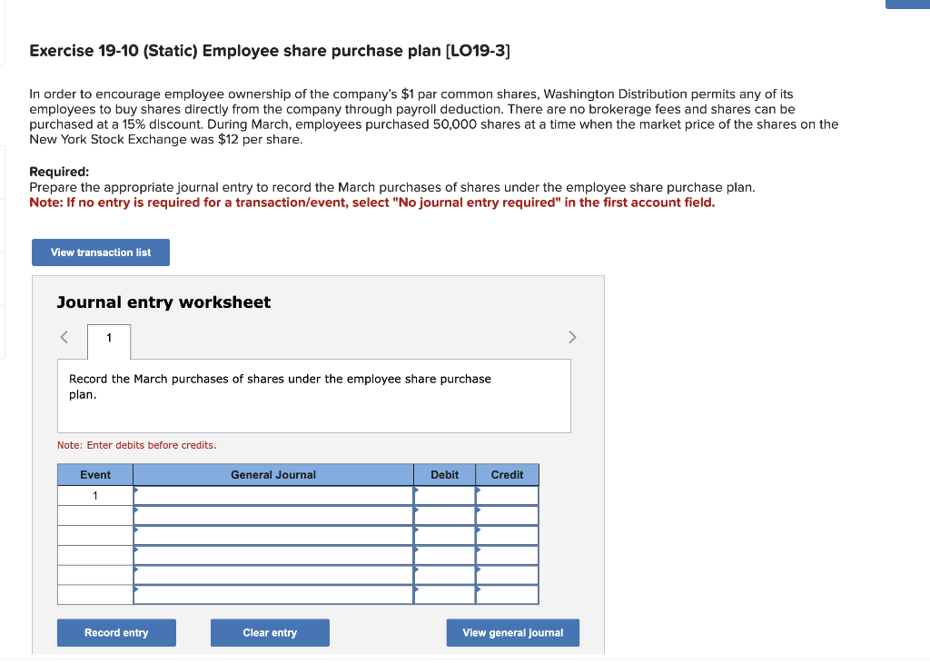 Solved Exercise 19-10 (Static) Employee share purchase plan | Chegg.com