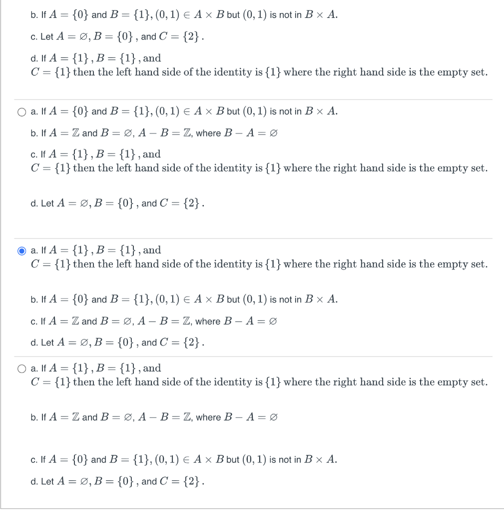 Solved A. A−B=B−A B. A∩B=A∩C implies B=C C. | Chegg.com