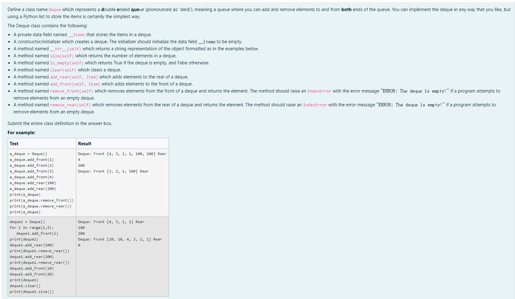 Solved Define a class name Deque which represents a double | Chegg.com