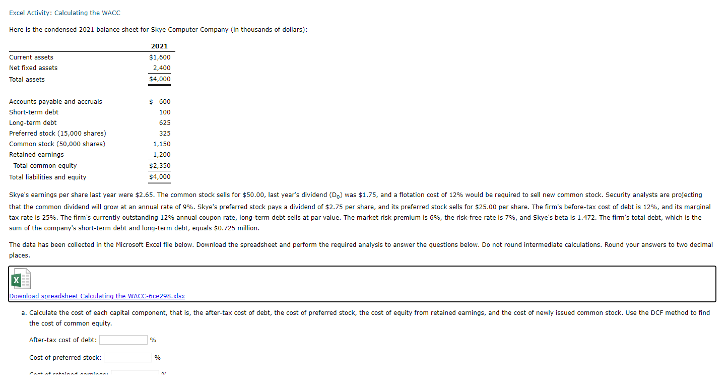 Solved Excel Activity: Calculating the WACC Here is the | Chegg.com