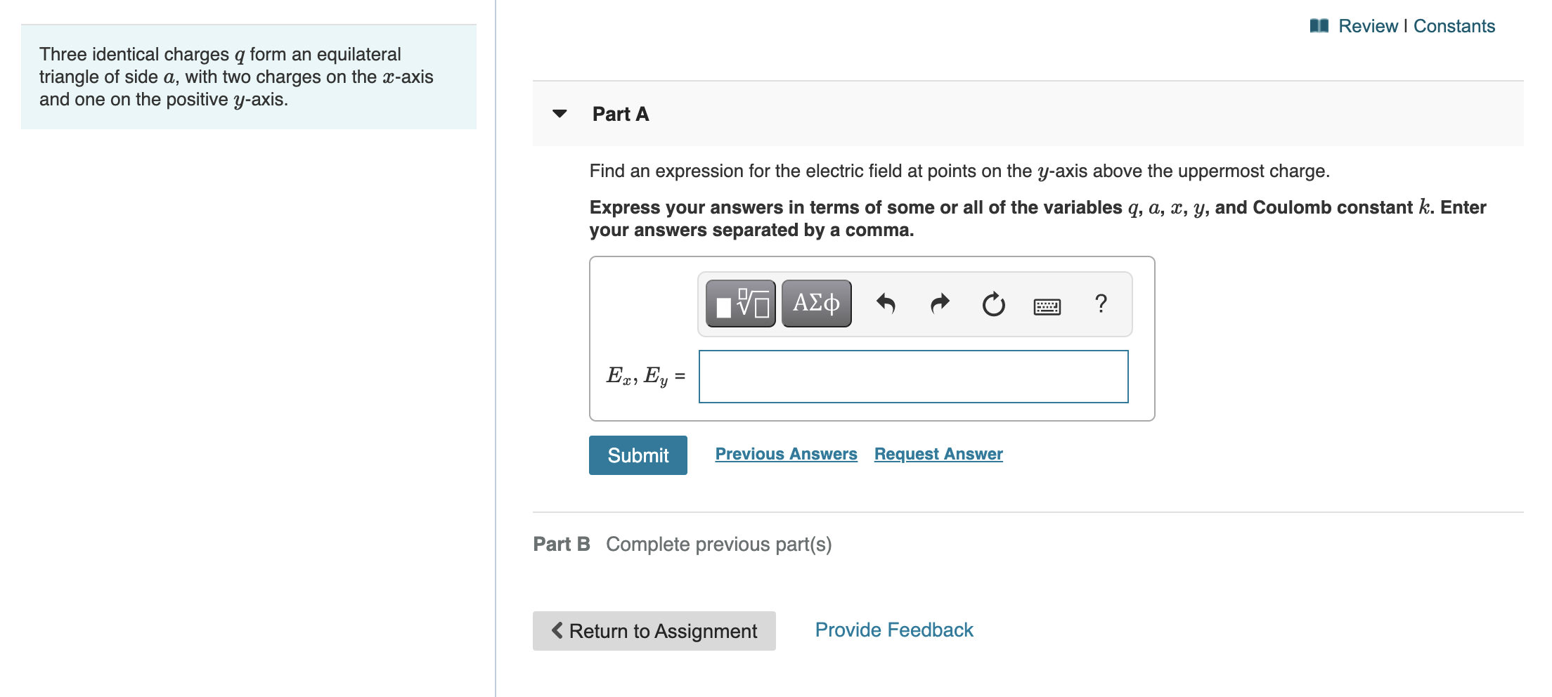 Solved Review | Constants Three identical charges q form an | Chegg.com Solved Review | Constants Three identical charges q form an | Chegg.com