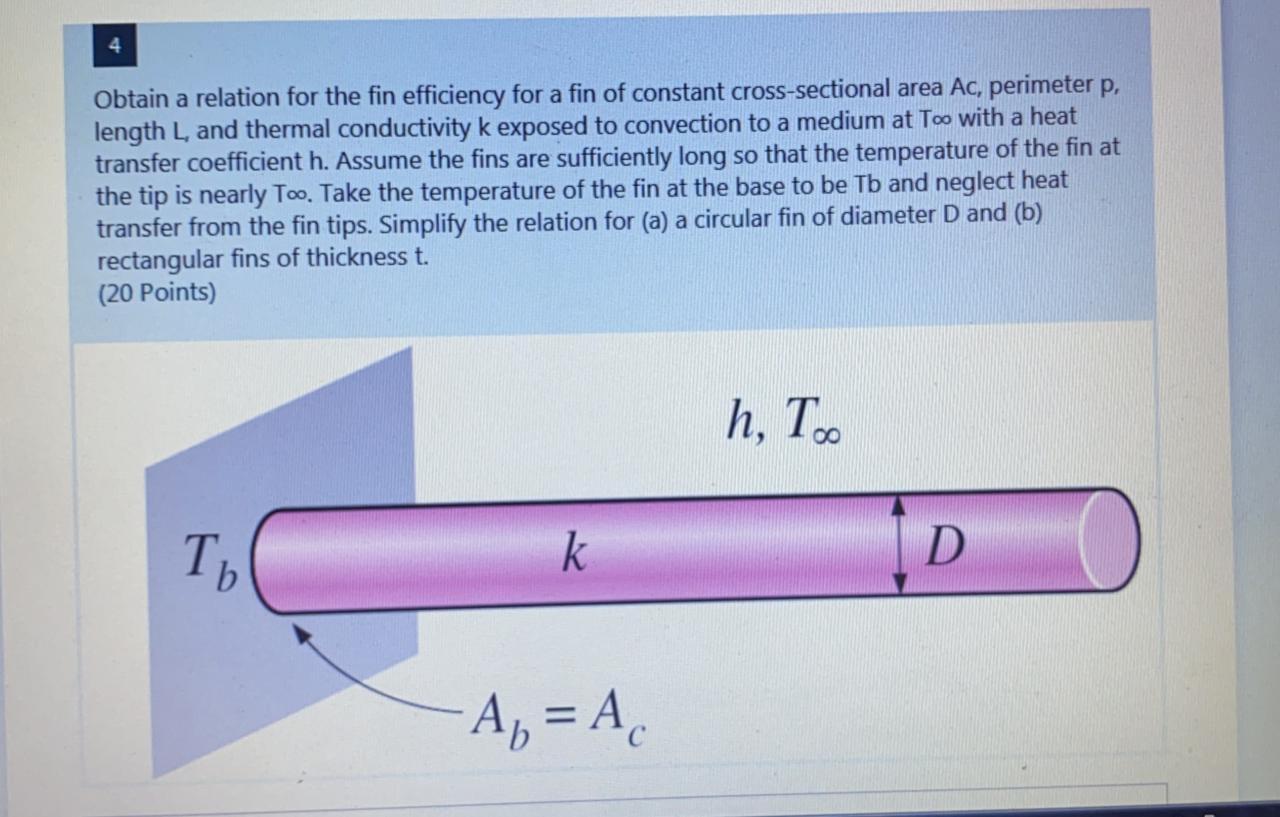 Solved Obtain a relation for the fin efficiency for a fin of | Chegg.com