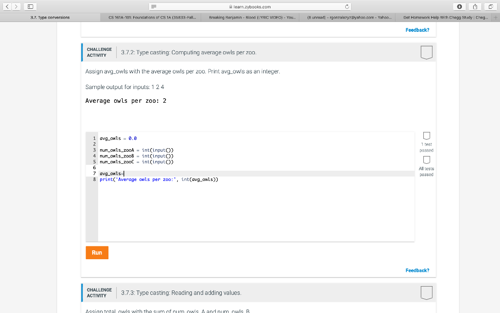Solved leam.zybooks.com 3.7. Type conversions CS 161A-101: | Chegg.com
