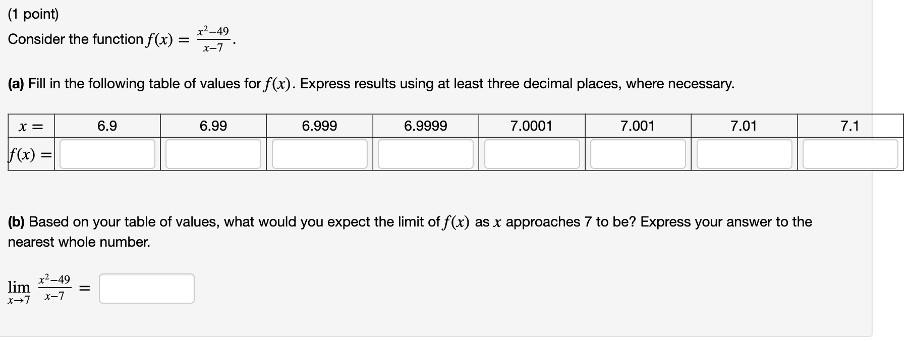 Solved (1 point) Consider the function f(x) = = x2–49 x-7 | Chegg.com
