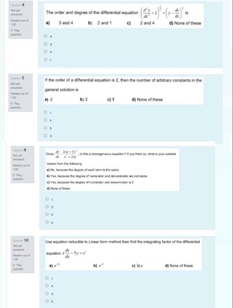 Solved 4 Not yet answered The order and degree of the | Chegg.com