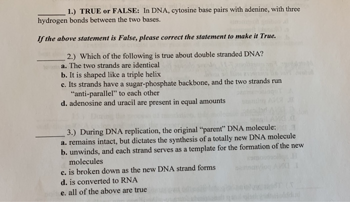 Solved 1.) TRUE or FALSE: In DNA, cytosine base pairs with | Chegg.com