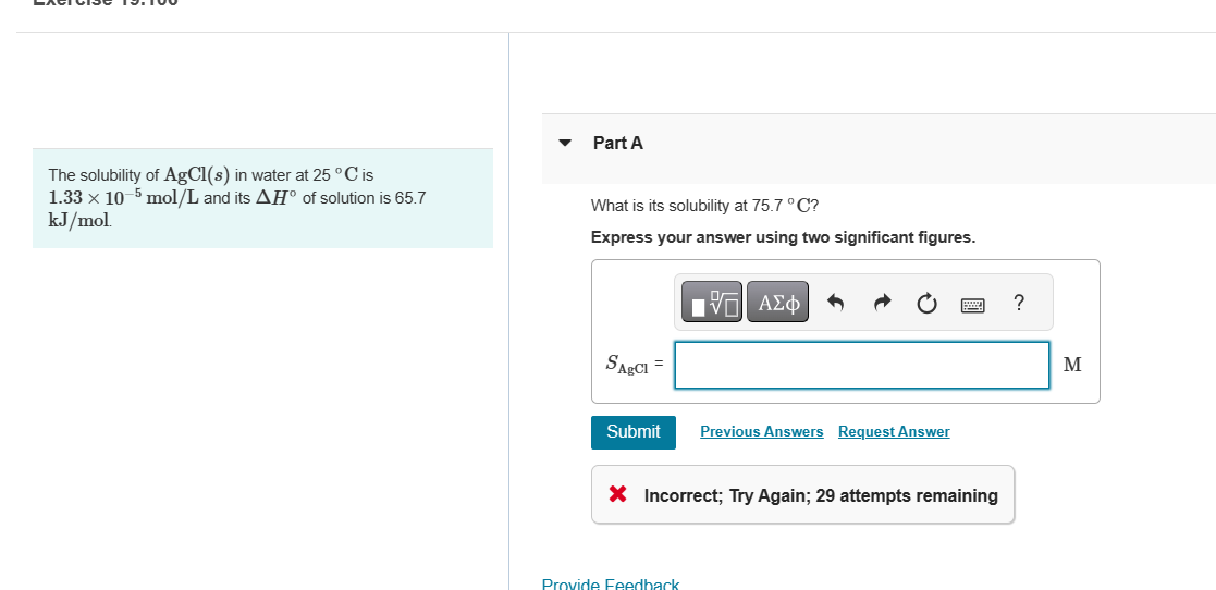 Solved The solubility of AgCl(s) ﻿in water at 25°C | Chegg.com
