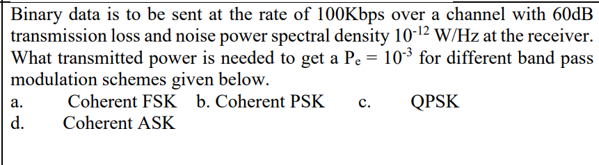 Binary data is to be sent at the rate of 100Kbps over | Chegg.com