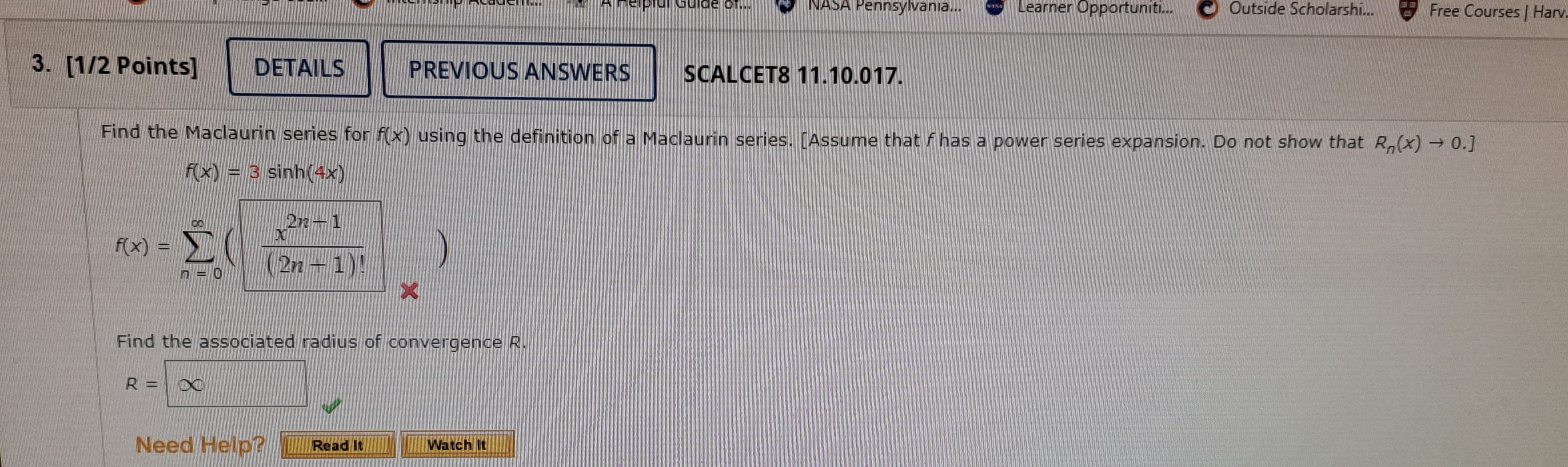 Solved Points] SCALCET8 11.10.017. Find the Maclaurin series | Chegg.com