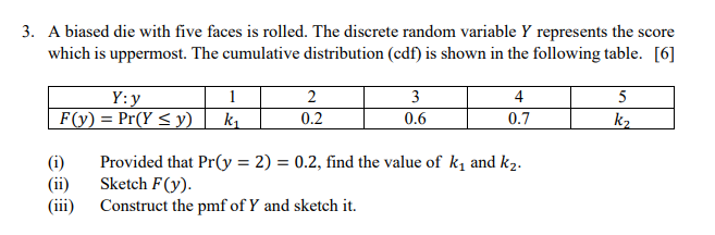 Solved 3. A biased die with five faces is rolled. The | Chegg.com