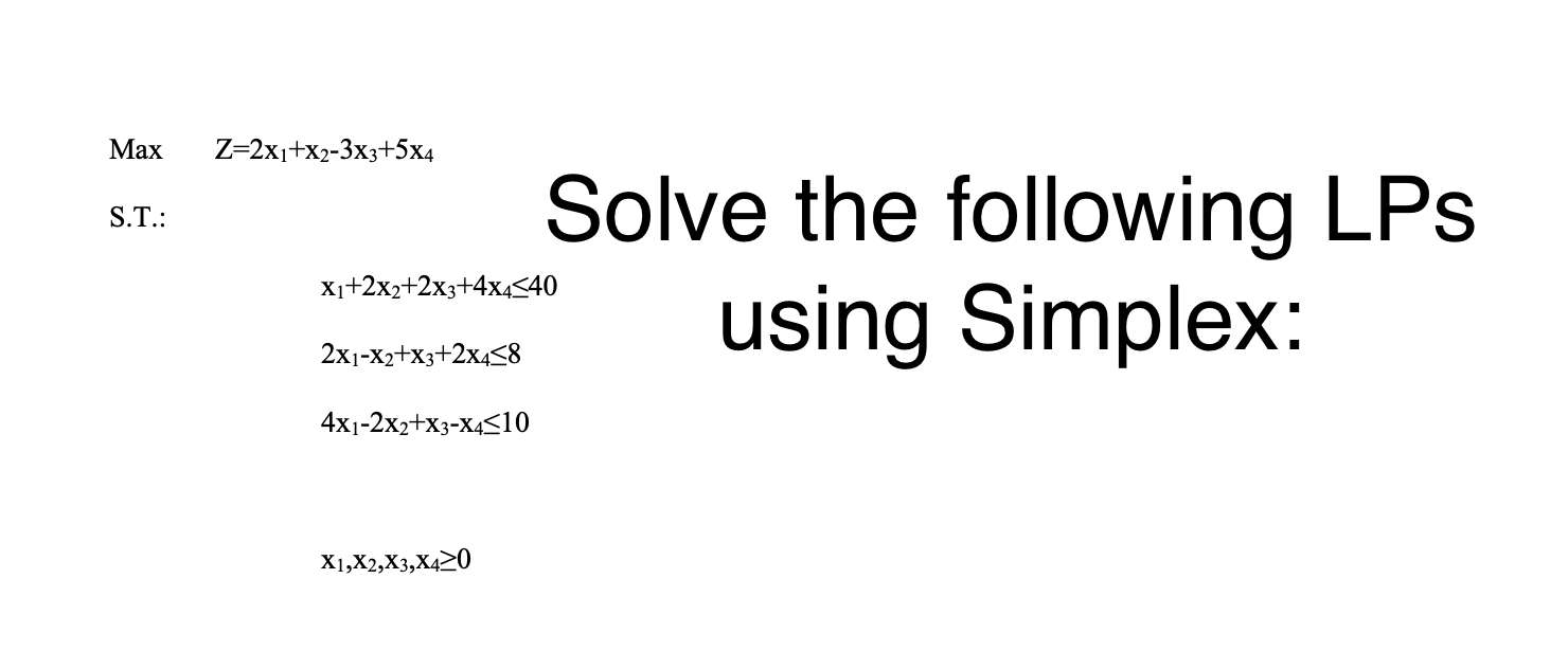 Solved Max Z=2x4+x2-3x3+5x4 S.T.: Solve the following LPs | Chegg.com