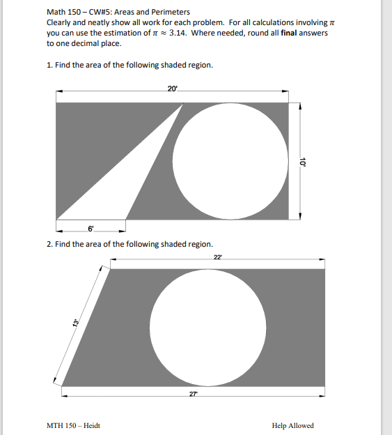 Solved Math 150 - CW\#5: Areas and Perimeters Clearly and | Chegg.com