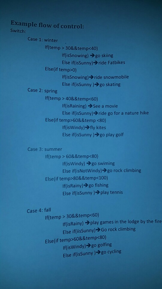 Example flow of control: Switch: Case 1: winter | Chegg.com