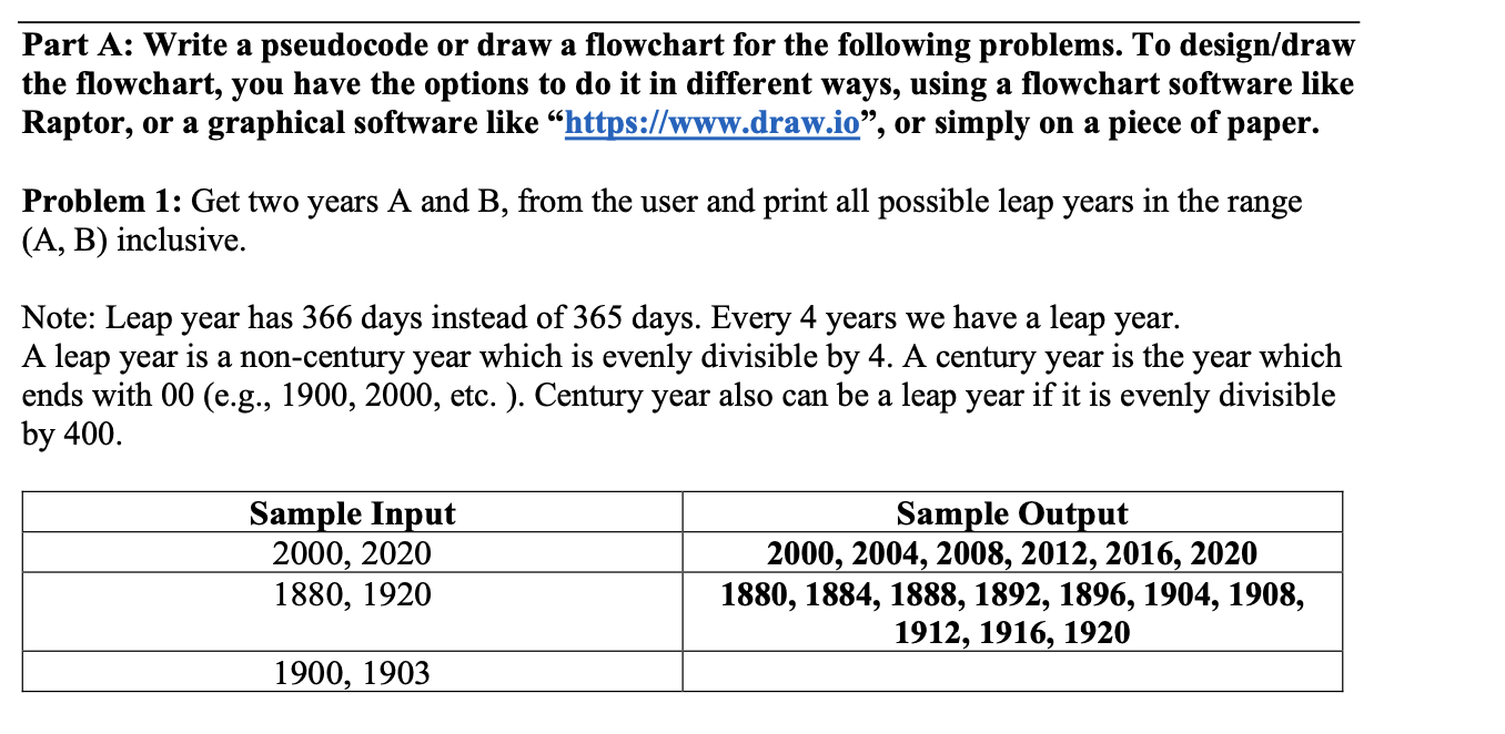 Solved Part A: Write a pseudocode or draw a flowchart for | Chegg.com