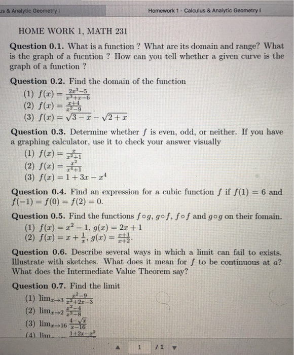 Solved s & Analytic Geometry l Homework 1 - Calculus & | Chegg.com