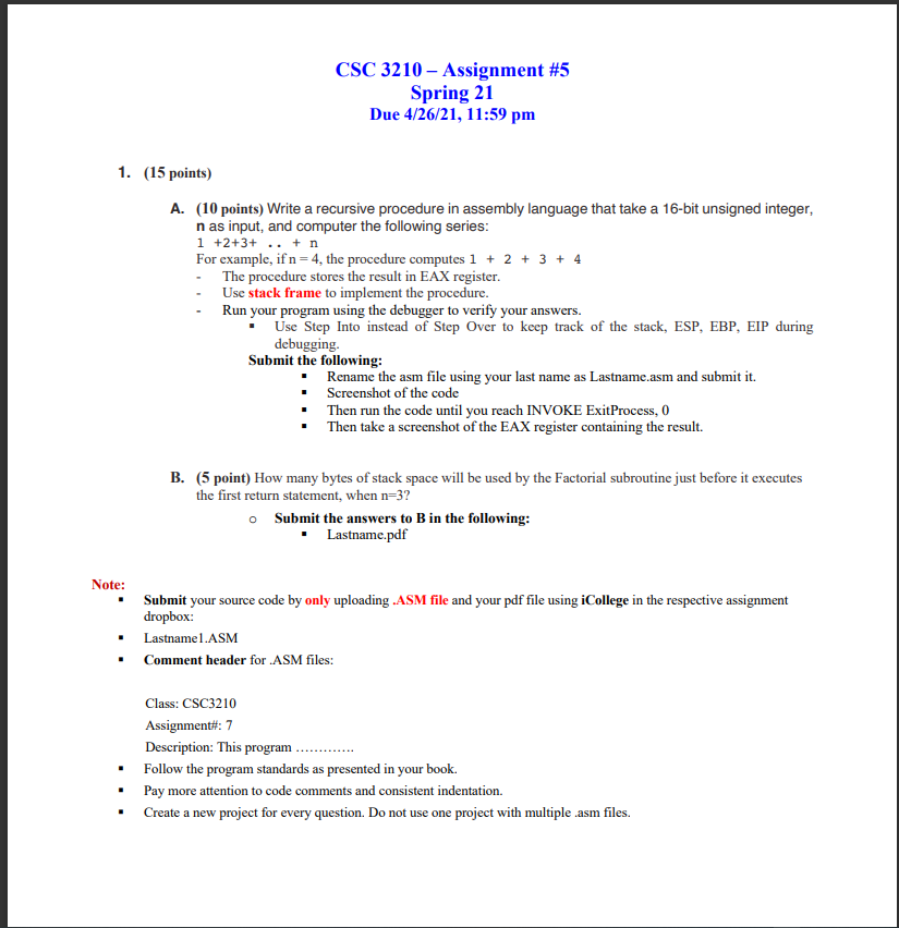 CSC 3210 - Assignment #5 Spring 21 Due 4/26/21, 11:59 | Chegg.com