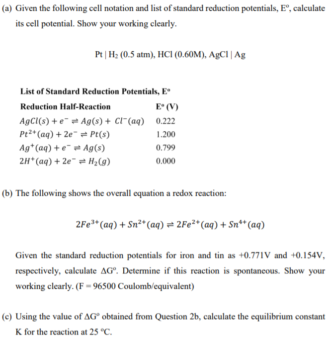 Solved (a) Given the following cell notation and list of | Chegg.com