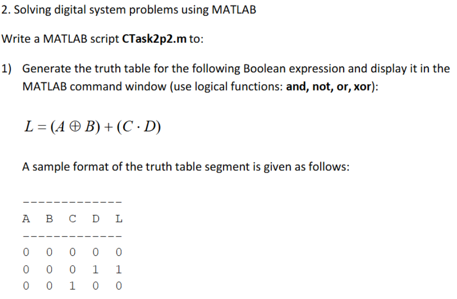 Solved 2. Solving digital system problems using MATLAB Write | Chegg.com
