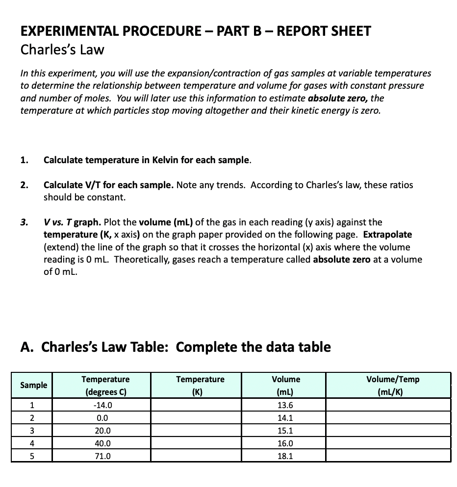 Solved - EXPERIMENTAL PROCEDURE - PART B - REPORT SHEET | Chegg.com