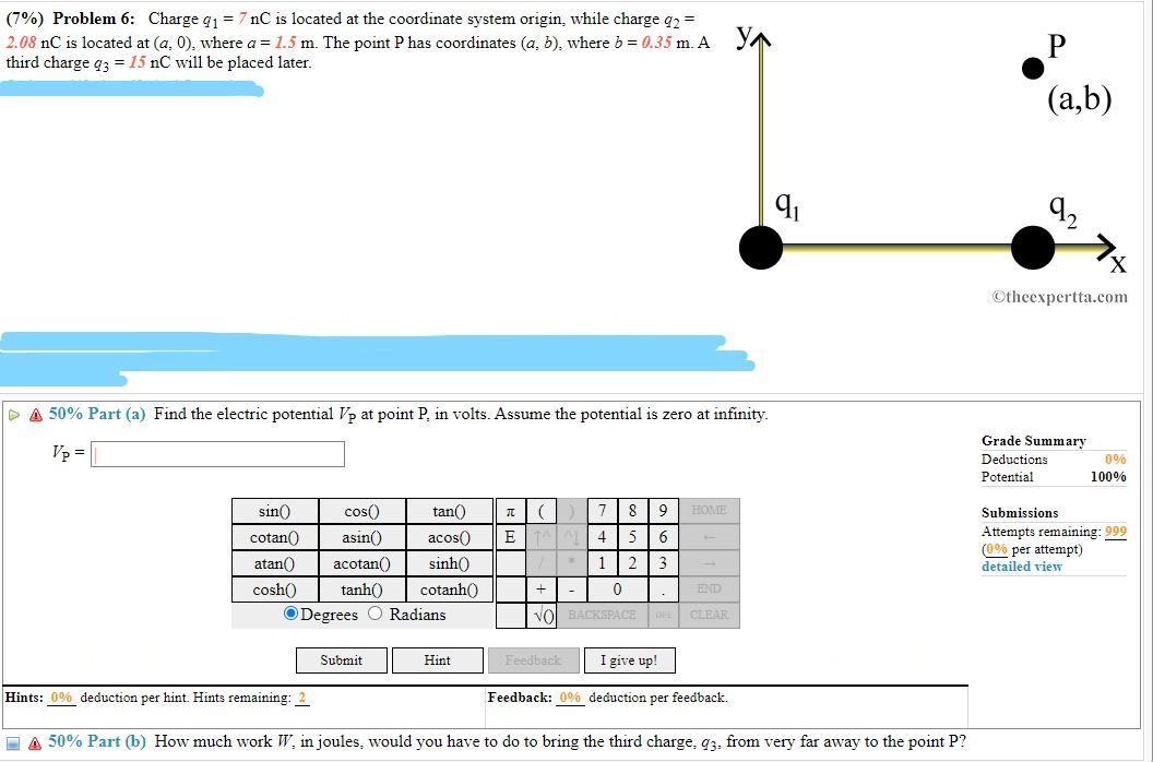 Solved (7\%) Problem 6: Charge q1=7nC is located at the | Chegg.com
