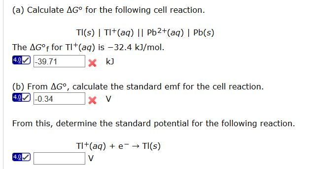Solved A Calculate Agº For The Following Cell Reaction