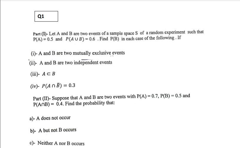 Solved Part (I)- Let A and B are two events of a sample | Chegg.com