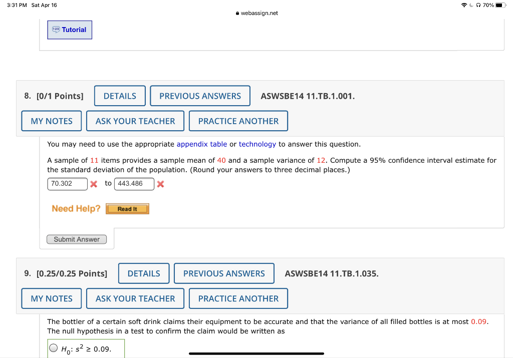 Solved 3:31 PM Sat Apr 16 この70% webassign.net 128 Tutorial | Chegg.com
