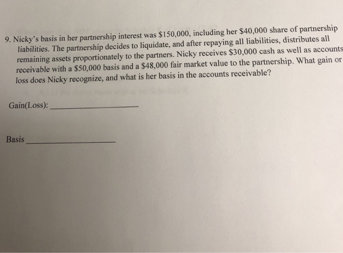 Solved 9. Nicky's basis in her partnership interest was | Chegg.com
