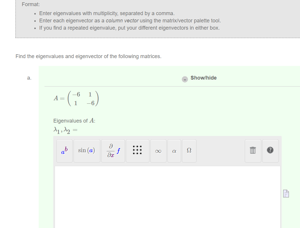 Solved Format: Enter eigenvalues with multiplicity, | Chegg.com