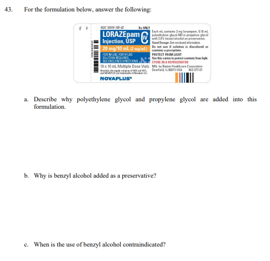 Solved 43. For the formulation below, answer the following: | Chegg.com