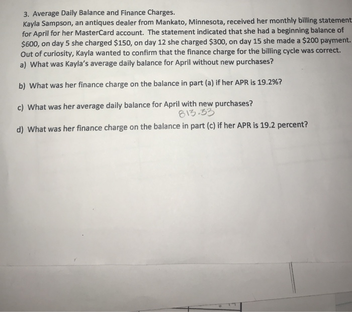 Solved 3. Average Daily Balance and Finance Charges. Kayla | Chegg.com