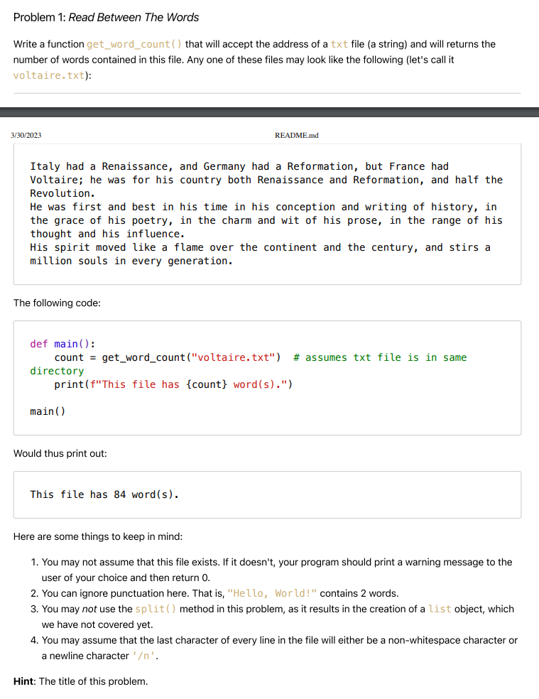 Solved Problem 1: Read Between The Words Write a function | Chegg.com